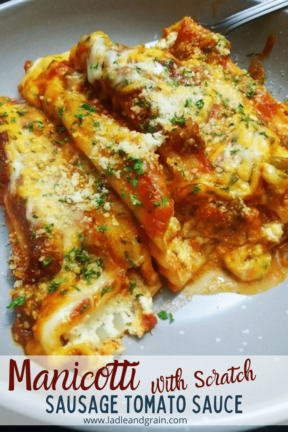 Manicotti with Sausage Tomato Sauce - Ladle and Grain